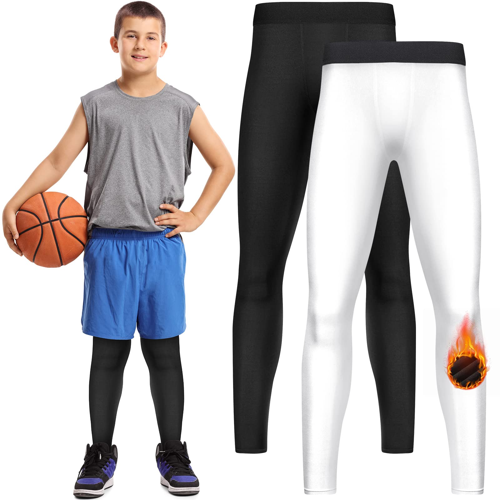 Haysandy Thermal Boys' Compression Winter Warm Leggings 2 Pack Tights Athletic Pants Basketball Compression Pants Boys Basketball Leggings Black, White