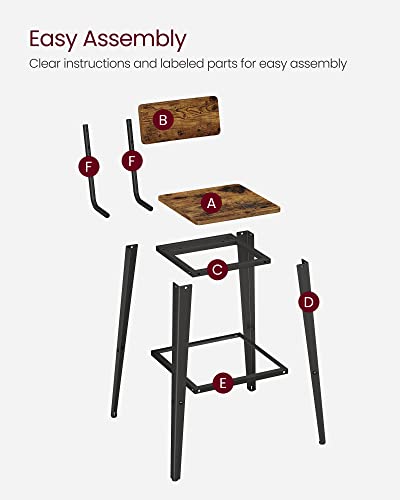 VASAGLE Set of 2 Bar Stools, Bar Height Stools, Tall Bar Stools with Back, Bar Chairs, Steel Frame, Industrial Style, Easy Assembly, Rustic Brown and Black ULBC078B01