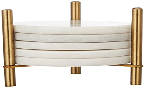 Queenza Marble Coasters for Drinks, Set of 6 Coasters with Holder, Pearl White Marble Coasters 3.5 Inch Wide 5 mm Thick Gold Coasters For Drinks, Both Side Polish For Scratch Free Surface Coaster Set