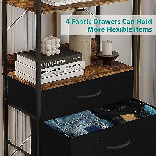 VASICAR 4-Tier Tall Bookshelf with 4 Drawers, Multifunctional Open Bookcase, Storage Shelf Dresser for Living Room, Office, Bedroom, Kitchen, Free Drawer Divider (Black)