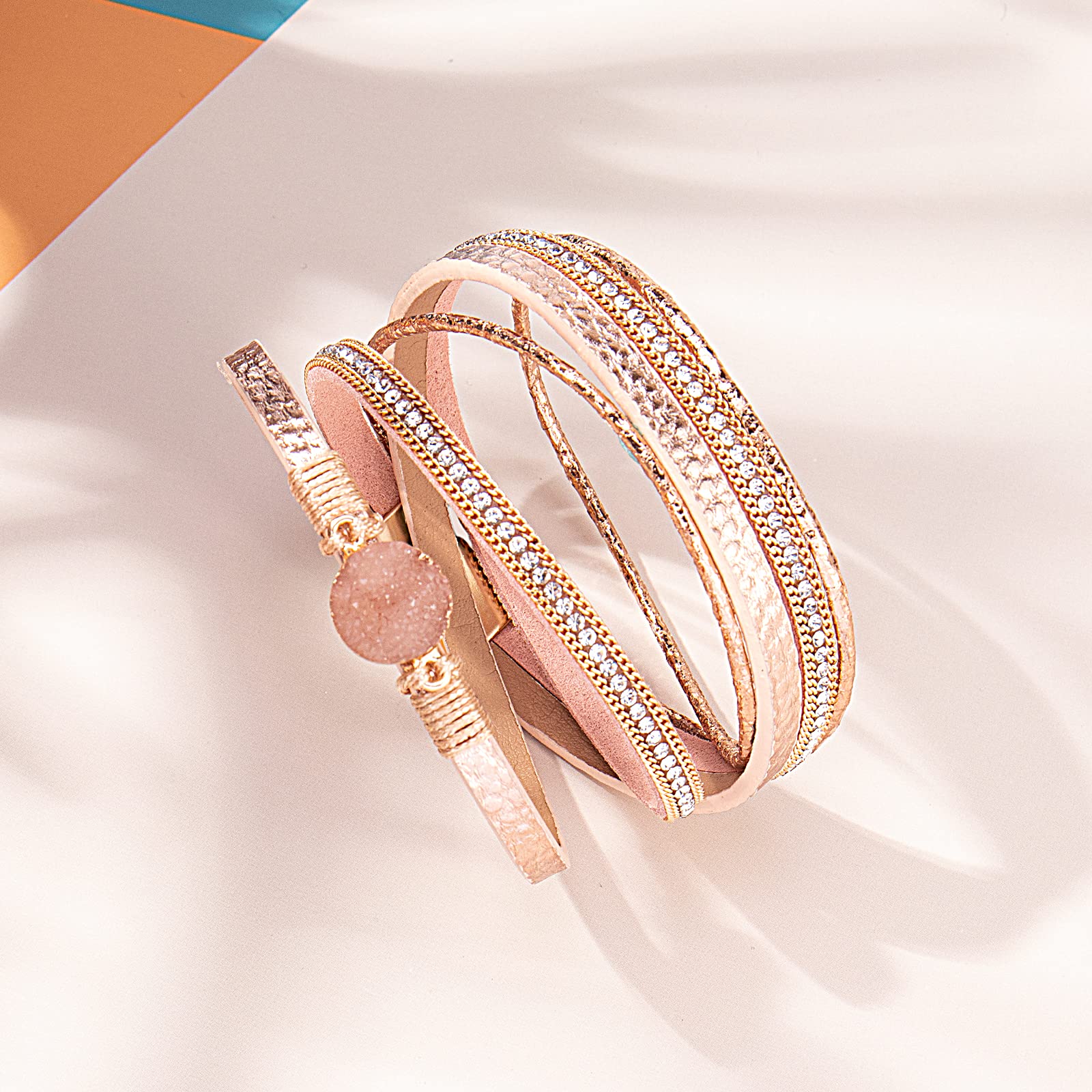FANCY SHINY Boho Wrap Bracelets Leather Cuff Bracelet Bohemian Jewelry Resin Stone Multi Strand Bracelet with Clasp for Women(Rose Gold)