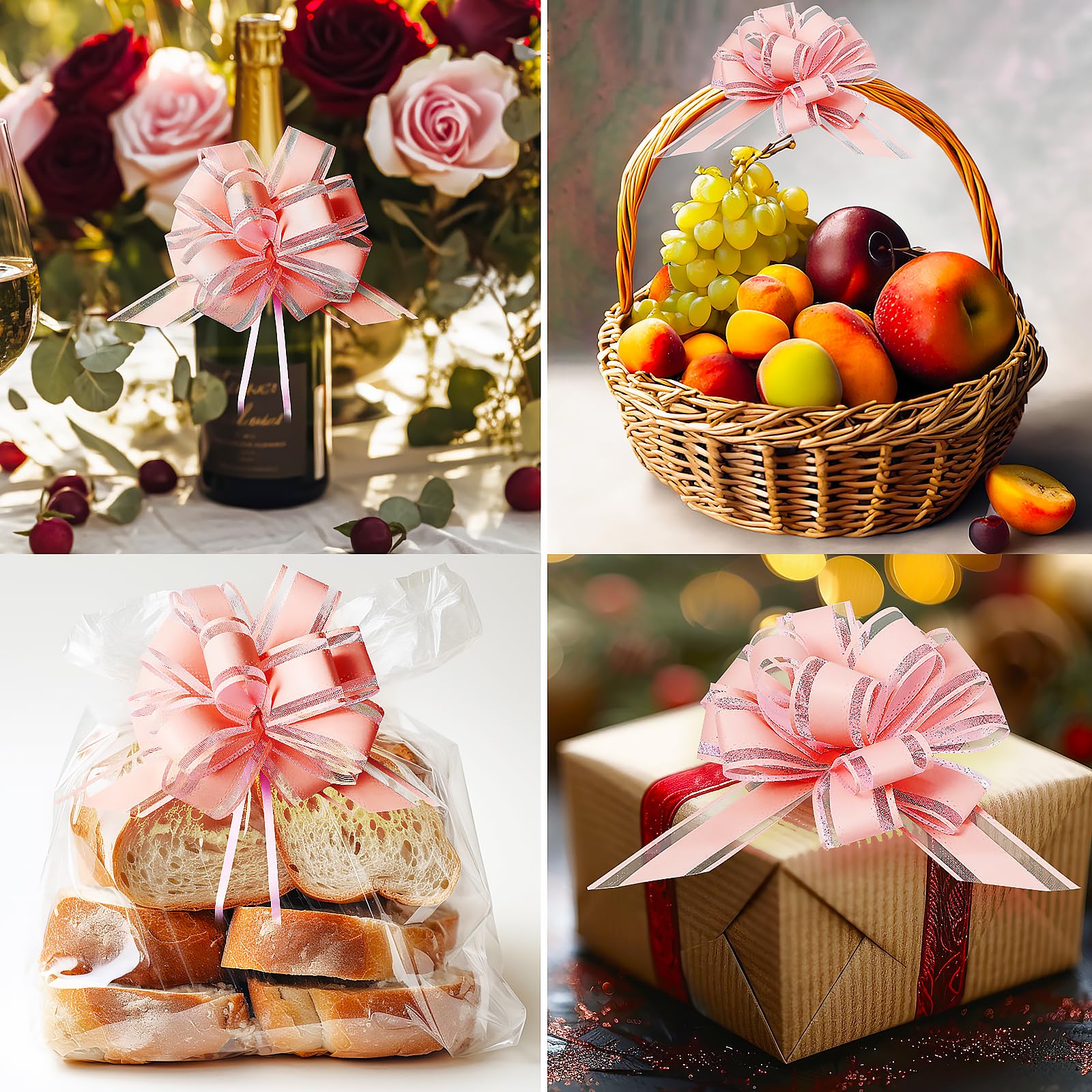 Gjinxi 6 PCS Large Pull Bows Gift Wrap Pull Bows 6 Inches Wedding Ribbon Bows Chiffon Pink Flower Boxes Decoration Bouquets Present Supplies Fit Hairstyle Crafts DIY Christmas Party Birthday Wedding
