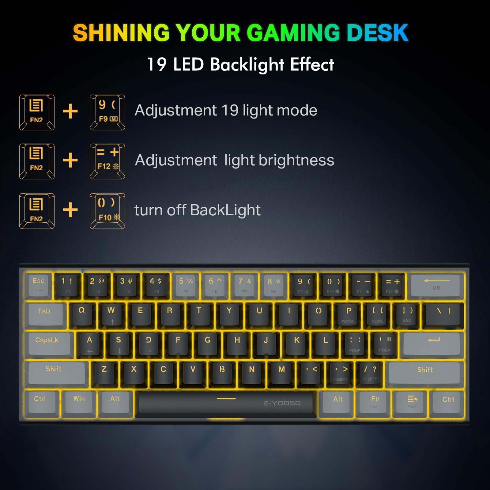 E-YOOSO 60% Mechanical Keyboard, Red Switches Mechanical Gaming Keyboard Wired with LED Backlit, Ultra-Compact 60 Percent Computer Keyboard for Windows, Mac OS (Grey Black)