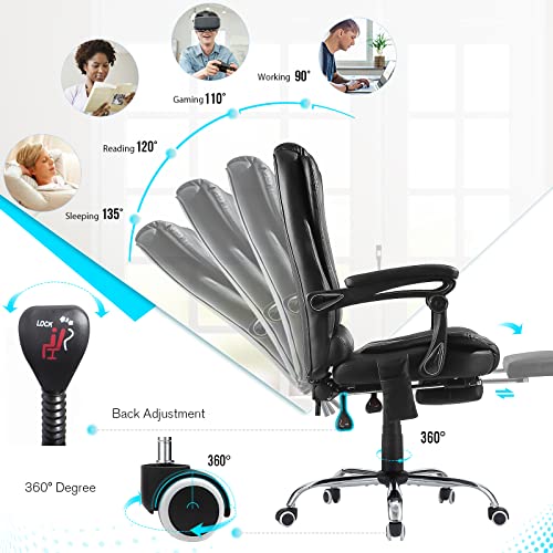 YODOLLA Ergonomic Reclining Office Chair, Heat & Massage High Back Desk Chair w/Retractable Footrest, Executive Swivel Leather Chair for Office, Home, Study, Black