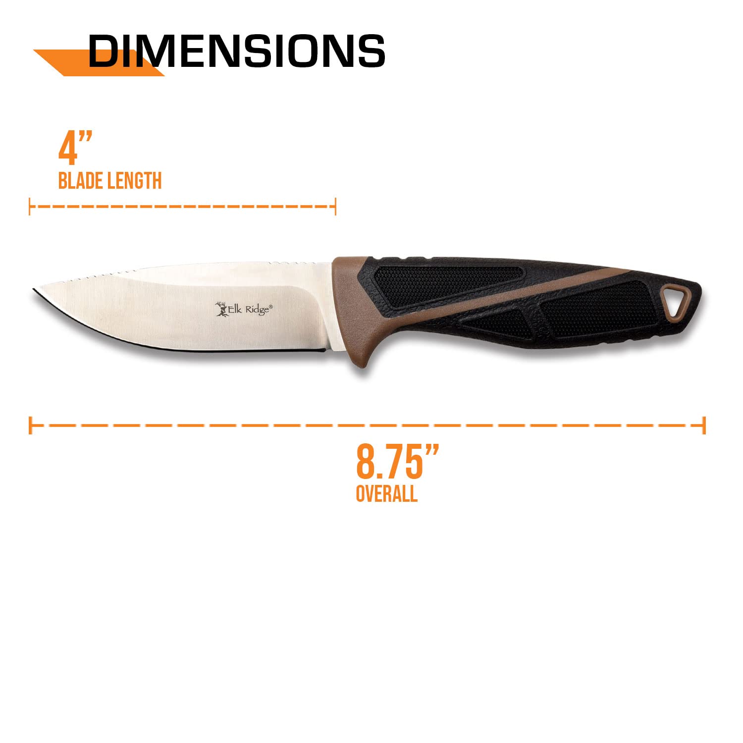 Elk Ridge - Outdoors Fixed Blade Knife - Satin Finish Stainless Steel Blade, Black/Brown Nylon Fiber Handle w/Rubber - Nylon Sheath, Fire Starter - Hunting, Camping, Survival - ER-200-23BR