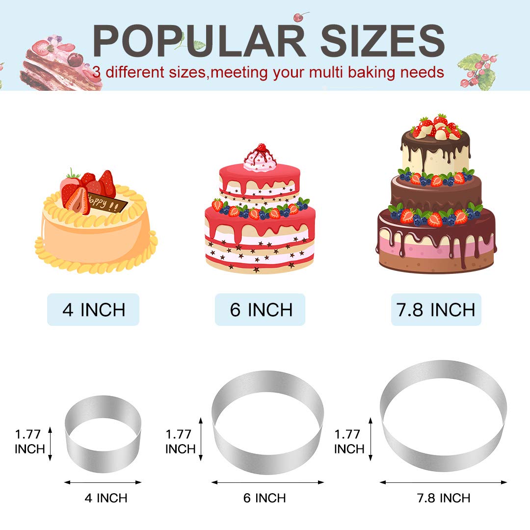 MEICHU Round Cake Ring 3 Pack, 4 to 7.8 Inch Stainless Steel Mousse Cake Mold Ring for Kitchen DIY Pastry