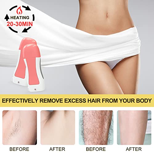 Roll On Wax Kit for Hair Removal, Honey Wax Roller Waxing Kit for Sensitive Skin at Home, Depilatory Soft Wax Warmer with 2 Cartridge Refill 10 Wax-removing wipes and 100pcs Wax Strips(Pink)