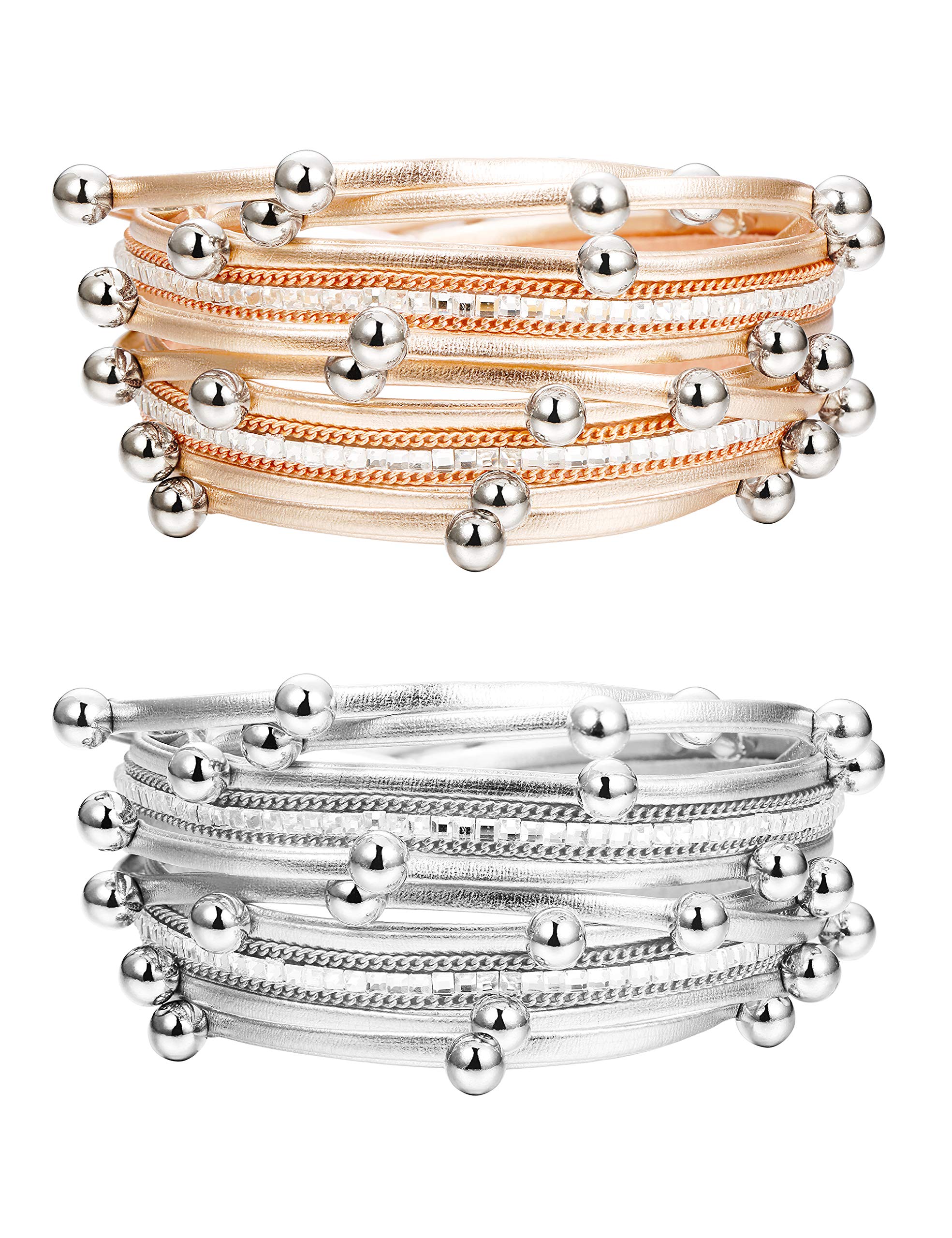 FINREZIO 2 PCS Silver&Rose Gold Tone Multilayer Wrap Bracelets For Women Girls Leather Cuff Bracelets Fashion Boho Bead Charm Stackable Bracelets Set