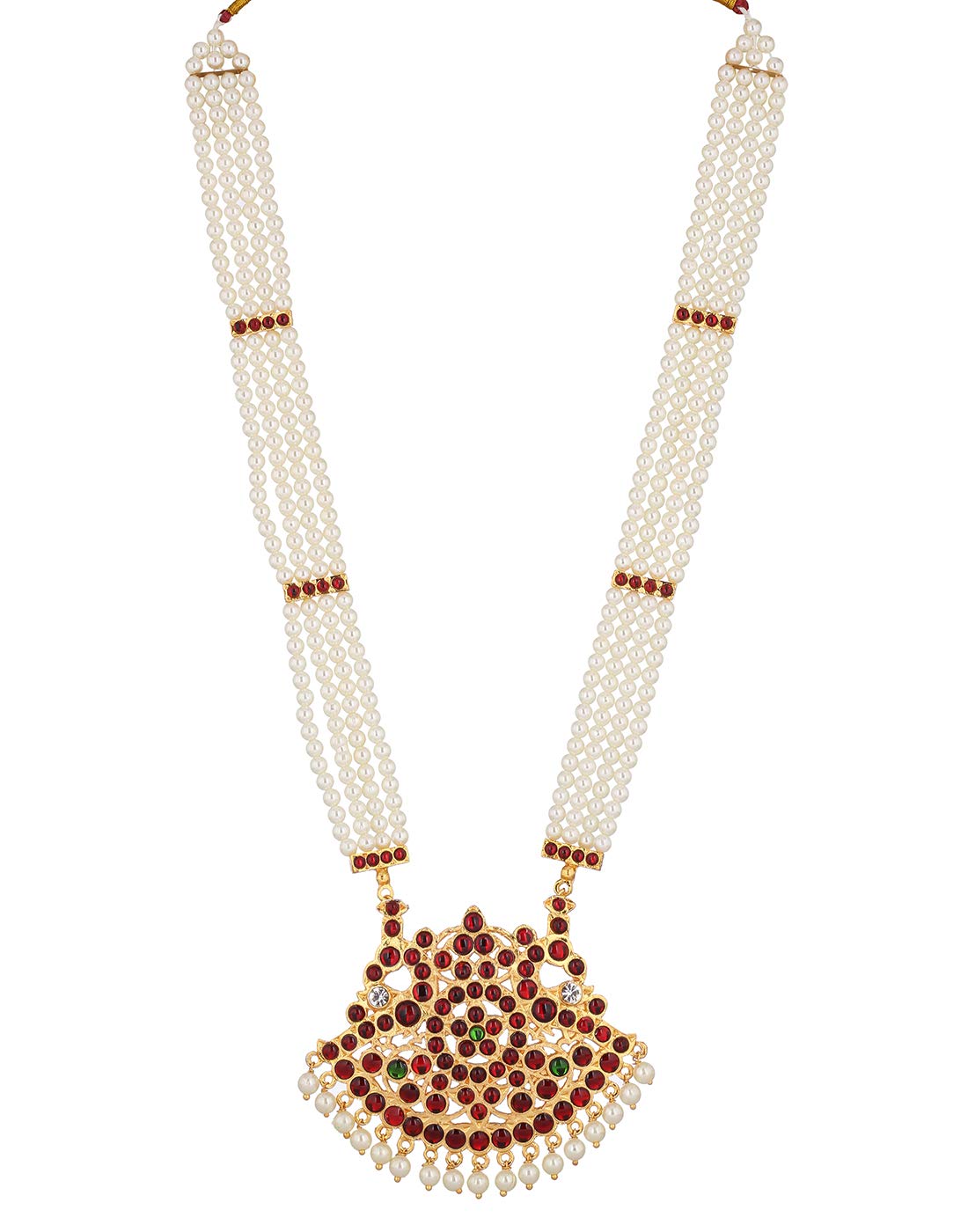 Fashionatelier 4 Line Long Pearl Haram with Pendant and Short Necklace with Earrings