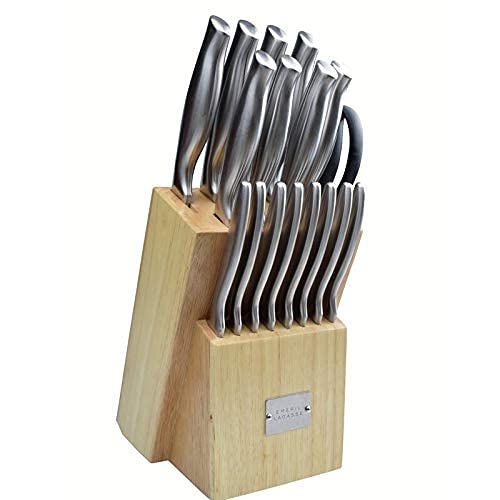 Emeril Lagasse 18-Piece Knife Block Set (Natural) + Tungsten Carbide Knives Sharpener with Suction Pad (Red) - Best Kitchen Silverware Cutlery Collection - Stainless Steel Hollow Handle