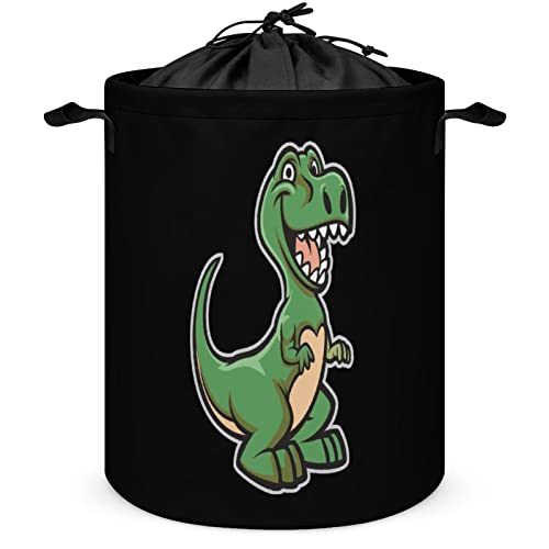 Happy Dinosaur Cartoon Laundry Basket Round Collapsible Storage Bin with Drawstring and Handle for Bedroom Bathroom Toys Room 17.3" X 13.8"