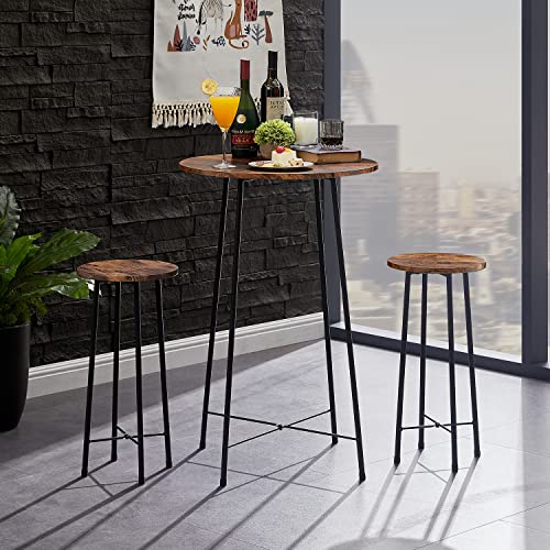 VECELO Small Bar Table and Chairs, Round Bistro Sets with 2 barstools, 3-Piece Pub Dining Furniture, Counter Height Wood Top for Breakfast Dinner Coffee Nap Conference, Easy Assembly, Rustic Brown