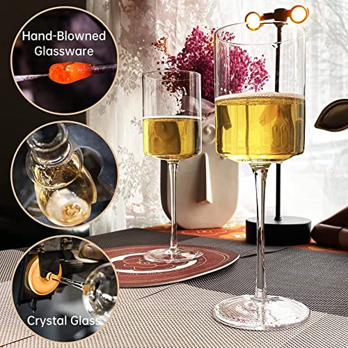 Red or White Wine Square Glasses With Stem set of 4-14oz Crystal Unique Modern Design - Large Long Stem wine glass Hand made 100% Lead-free glass - Entertaining Drinkware