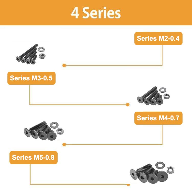 M6-1.0 M8-1.25 Flat Countersunk Hex Head Socket Cap Screws, 10.9 Grade Alloy Steel, VIGRUE 205PCS Metric Internal Hex Screws Bolts Nuts Washers Assortment Kit, Full Coarse Thread UNC