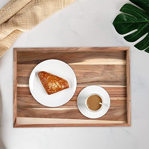YOUEON Set of 2 Acacia Wood Serving Tray with Handles, 17x11.8x1.5 Inch Decorative Serving Trays, Ottoman Tray, Coffee Table Tray, Rectangle Wood Tray for Food, Breakfast, Lunch, Dinner, Appetizer
