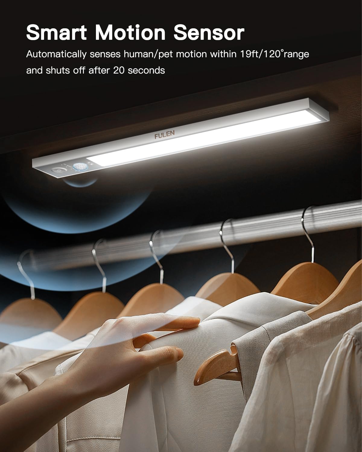 FULEN Closet Lights Motion Sensored, Magnetic Under Cabinet Lighting Wireless, Under Counter Lights for Kitchen, 2500mAh Rechargeable Lights for Home, Stick on Bar Light,2 Pack, White, AL-1