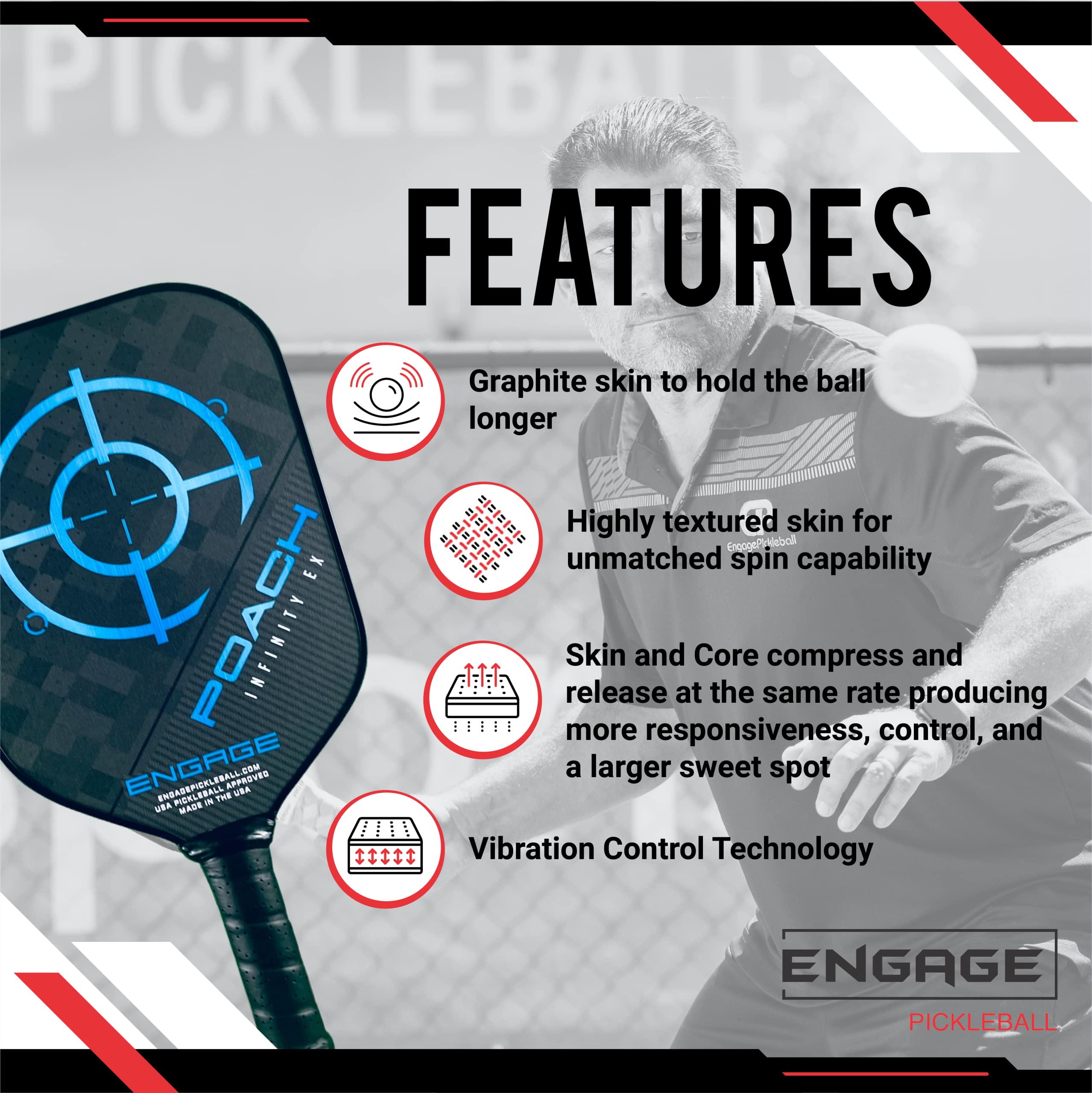 Engage Pickleball Poach Infinity EX Pickleball Paddle - Pickleball Paddles with Black Polymer Core - USAPA Approved Pickleball Paddles - Pickleball Rackets for Adults