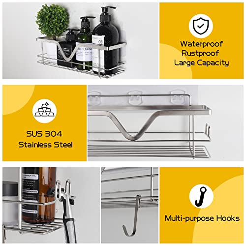 SIXDOVE Shower Caddies 2 PACK - No Drilling Adhesive Shower Organizer with Hooks, Rustproof SUS304 Stainless Steel Bathroom Shower Shelf, Shower Rack Large Shower Holder & Kitchen Storage (Silver)