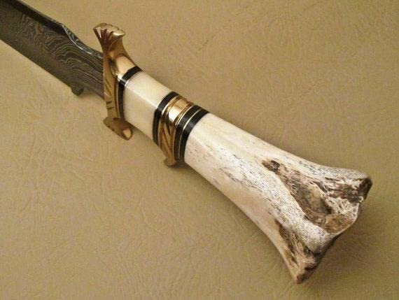 Hadi Enterprises-15" Handmade Damascus Hunting Knife with Leather Sheath - Ideal for Skinning, Camping, Outdoor -Fixed Blade Bushcraft Knife with Bone Handle-(BN-001)