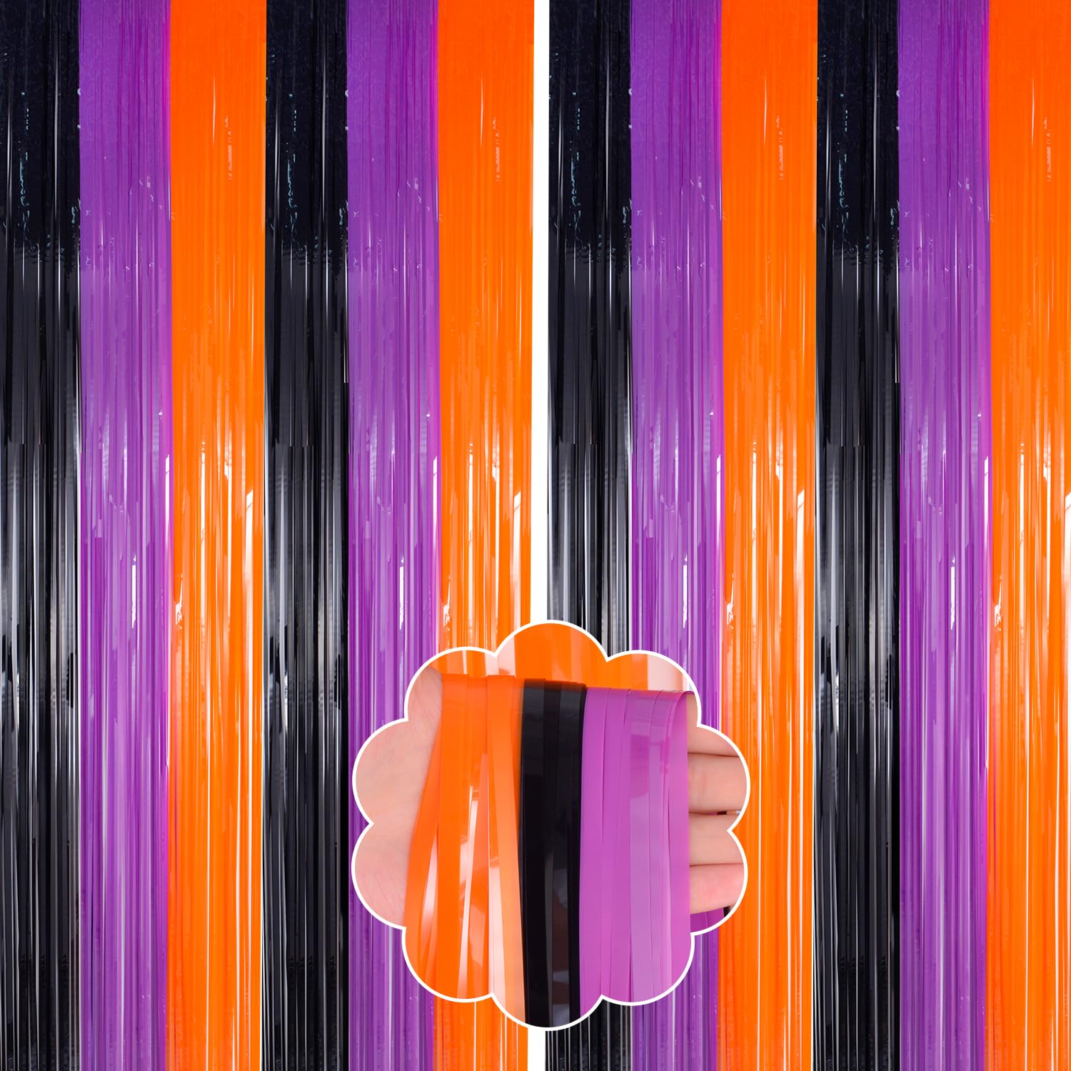ORG Orange Purple and Black Foil Fringe Backdrop Curtains,2 Pack 3.3ftx8.2ft Halloween Tinsel Streamers Party Decortions, Photo Booth Props Backdrop for Birthday Anniversary Halloween Party Decoration