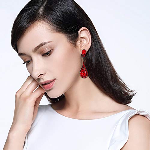 EVER FAITH Women's Austrian Crystal Elegant Dual Tear Drop Clip-on Dangle Earrings Red Black-Tone
