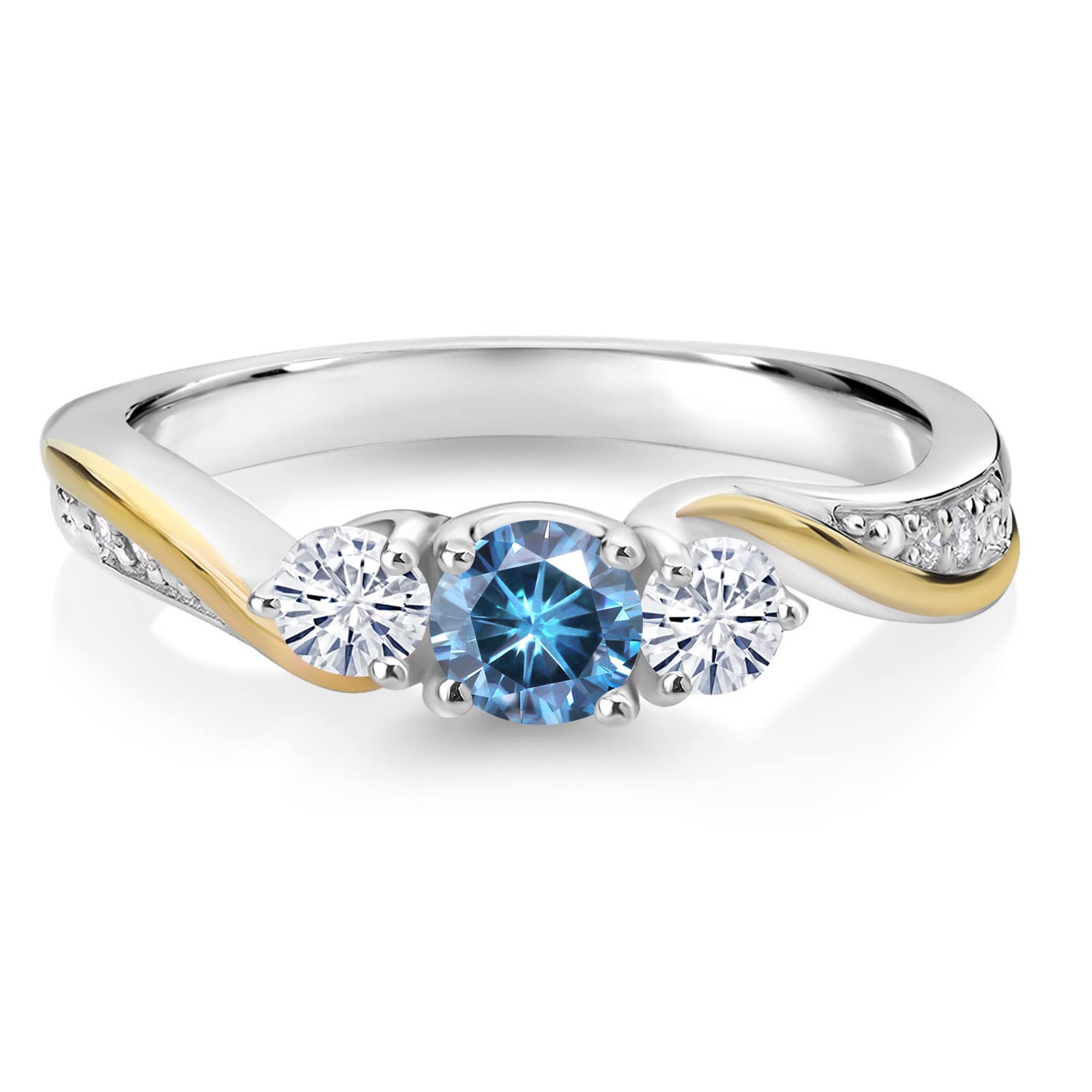 Gem Stone King 925 Sterling Silver and 10K Yellow Gold Customized and Personalized 4MM and 3MM Round Gemstone Birthstone and White Lab Grown Diamond 3 Stone Engagement Ring For Women (Size 9)