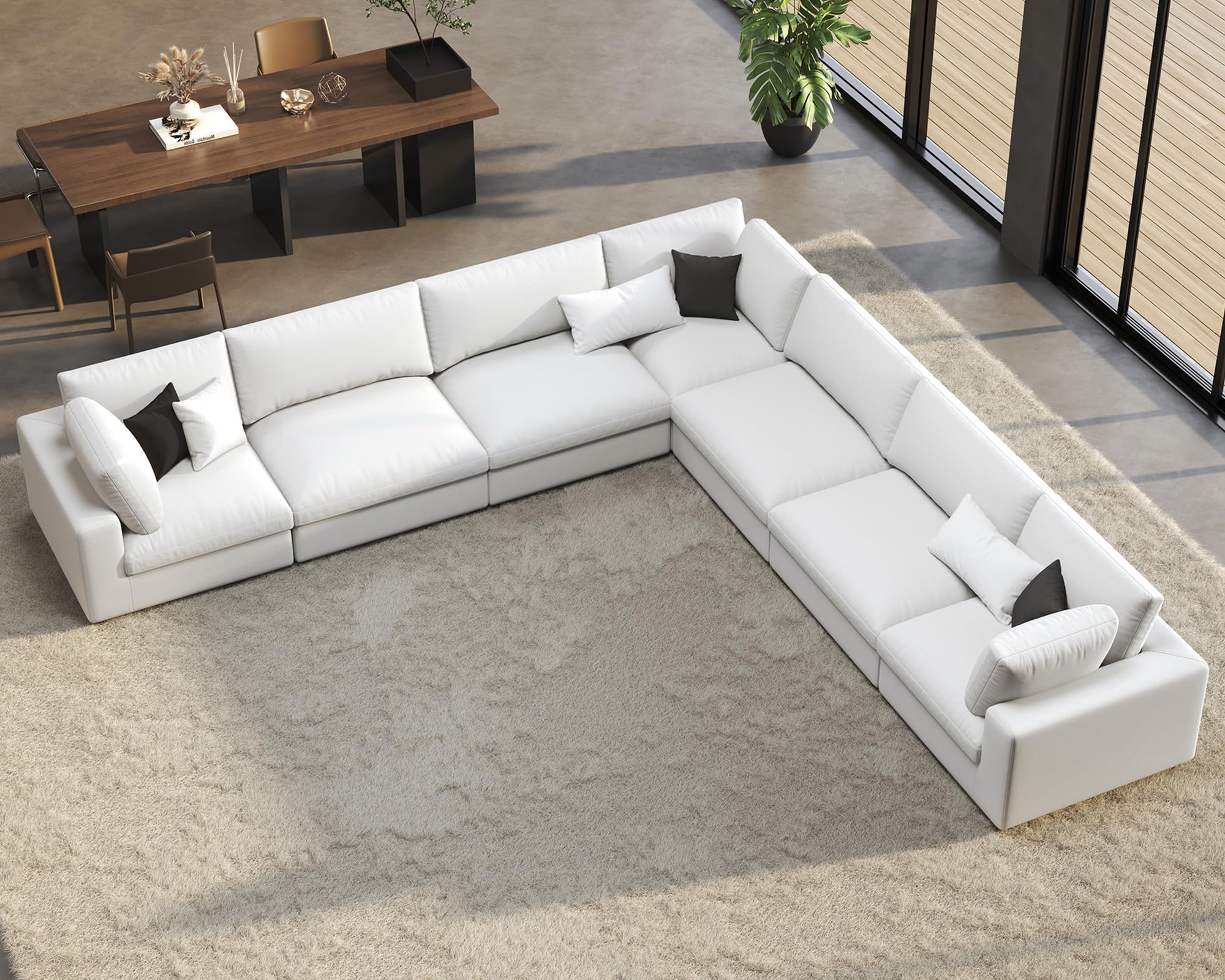 PaPaJet Modular Sectional Sofa, 152 Inches Down Filled Sectional Sofa, 7 Seats L Shaped Cloud Couch with Chaise, Ottoman, Oversized Couch for Living Room, Grey Linen Couch Set