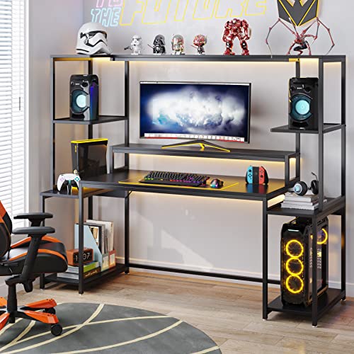 Tribesigns 70 -inch Rustic Computer Desk with Hutch and Shelf, Modern Large Gaming Desk with Monitor Stand, Gamer Table Workstation for Home Office,Carbon Fiber Desktop (Black)