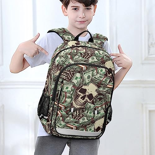 senya Backpack for Boys Girls, Vintage Money Skull Skeleton Backpack Students Bookbag Daypack for School Primary Teens