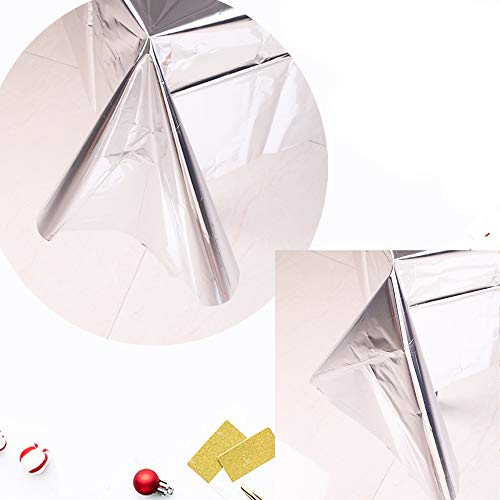 NIWWIN 2Pack Silver Foil Metallic Tinsel Tablecloth Table Cover Shiny Plastic Tablecloth Table Cloth Party Tablecovers for Rose Gold Party Table Decoration (Silver)