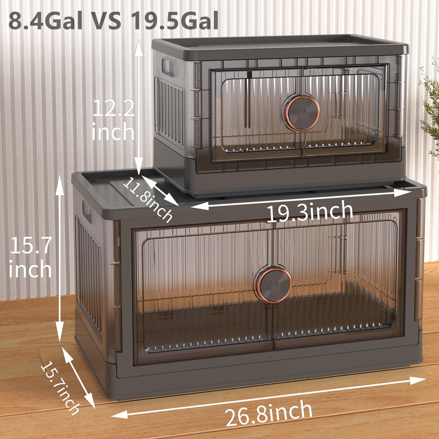 richang LED Light 19.5Gal Big Lidded Collapsible Storage Bins, Plastic Folding Storage Cabinet Stackable Utility Crates foldable storage container Totes with Door and Universal Wheels