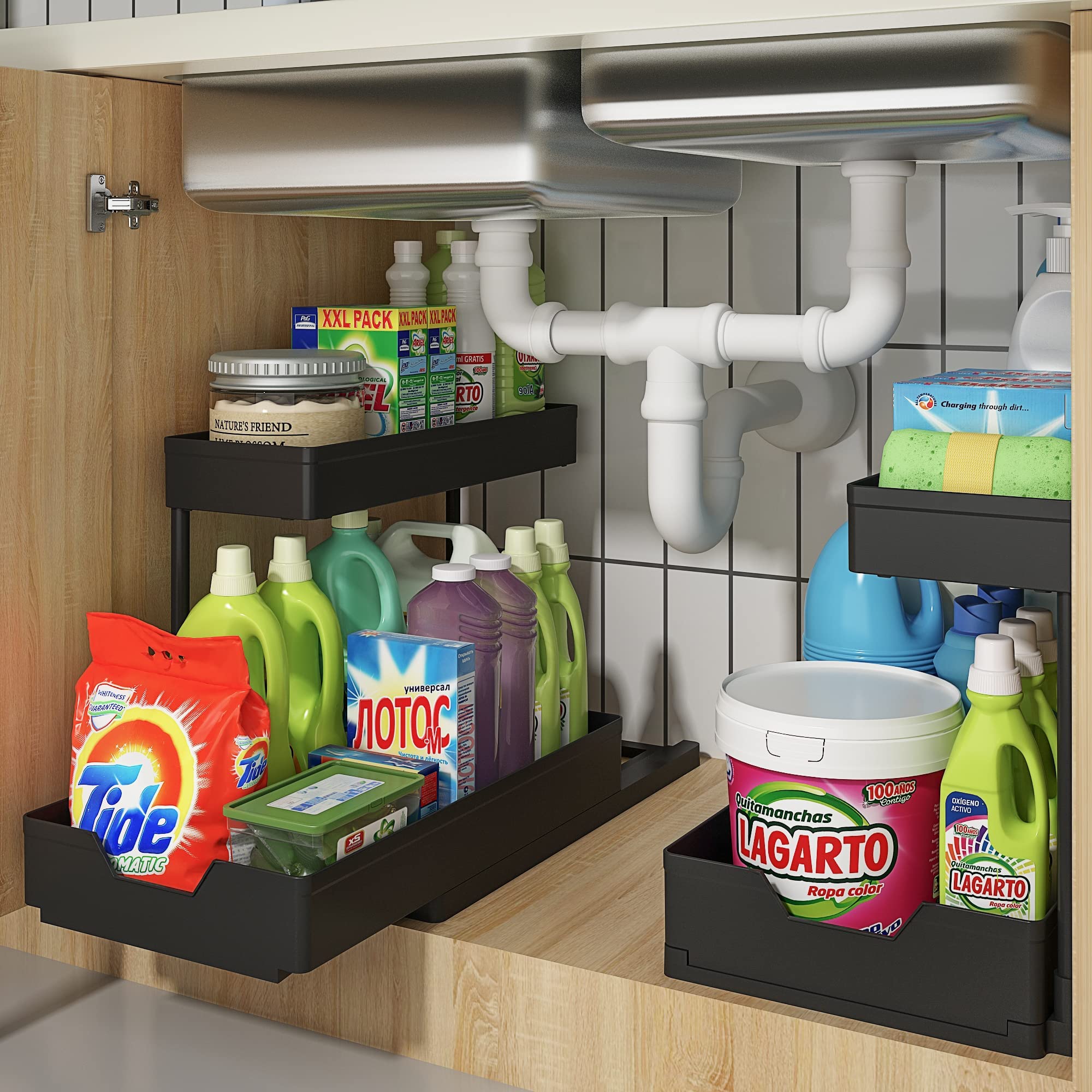 FatPnut Kitchen Under Sink Organizer, 2 Tier Slide Out Under Cabinet Organizer, 2 Pack Double Shelf Kitchen Storage, Under the Sink Organizer Bathroom (Black) SCSN-L-02