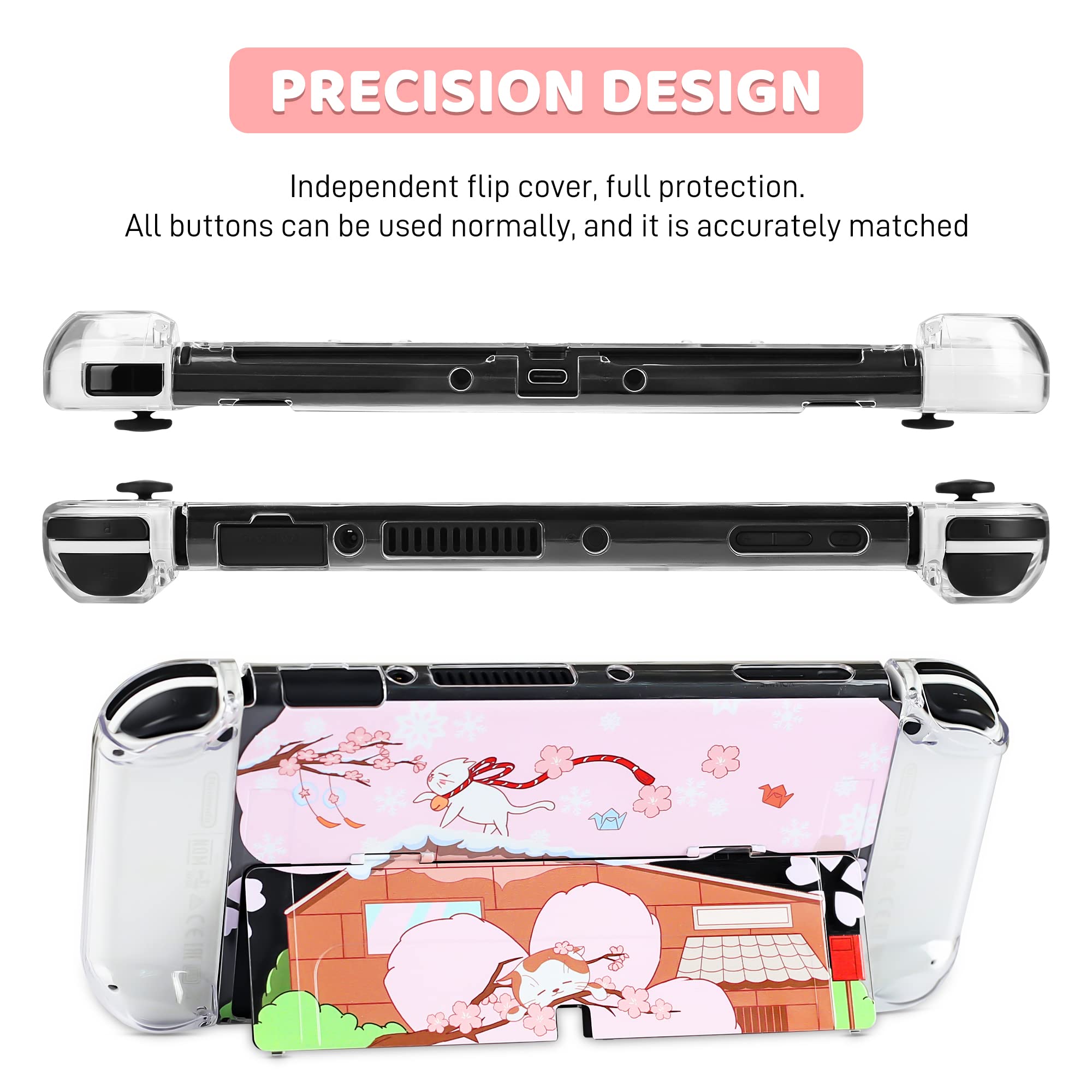 FANPL Cute Case Compatible with Nintendo Switch OLED, Case Cover with Sakura Cat Pattern for Switch OLED Console & Joycon, Hard PC Flip Shell with Ergonomics Grip Case, Kawaii Dockable Skin for Girls