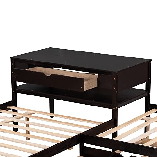 Full Size L Shaped Bed Platform Bed with Trundle and Drawers Linked with Built-in Rectangle Table, Wooden Bed Frame for Kids Teens Adults (Espresso)