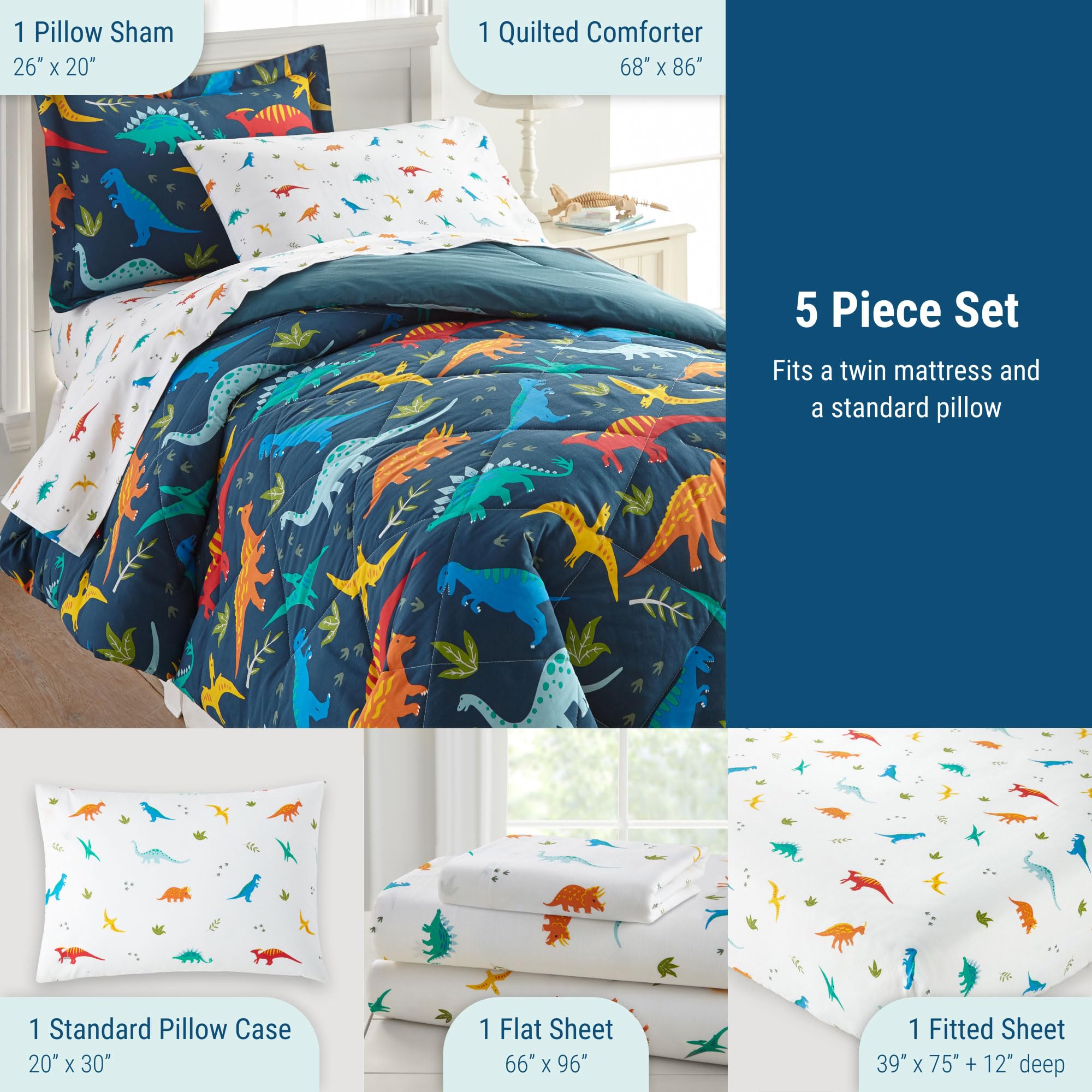 Wildkin 100% Cotton 5 Piece Twin Bed-in-A-Bag for Boys & Girls, Bedding Set Includes Comforter, Flat Sheet, Fitted Sheet, Pillowcase & Sham, Bed Set for Cozy Cuddles (Jurassic Dinosaurs)