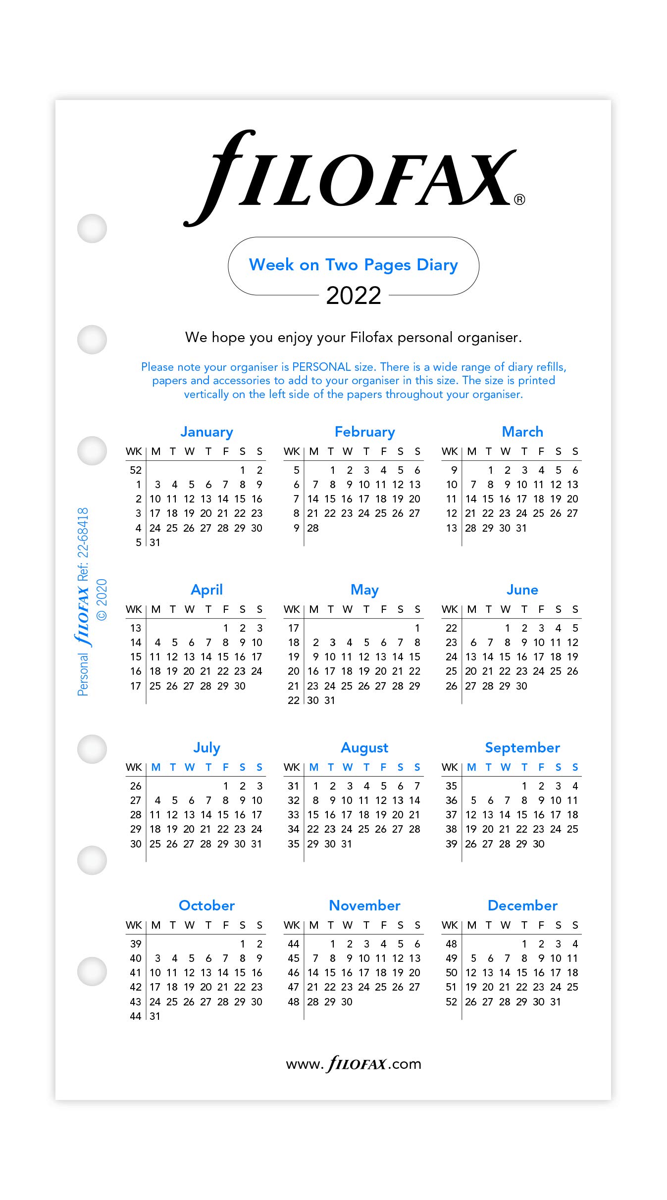 Filofax Personal Week on Two Pages Lined 2022 Diary