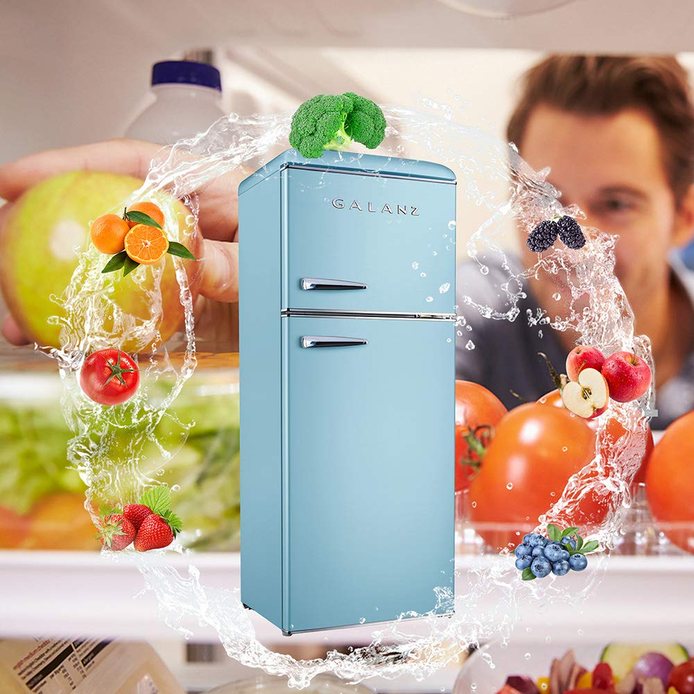Galanz GLR10TBEEFR Retro Refrigerator with Top Freezer Frost Free, Dual Door Fridge, Adjustable Electrical Thermostat Control, 10 cu ft, Blue