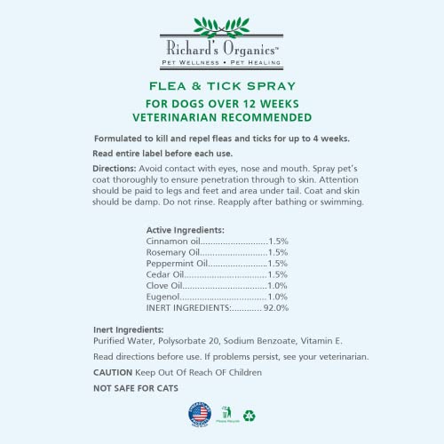 Richard’s Organics Gentle Flea and Tick Spray for Dogs –100% Natural Actives Kills Fleas, Ticks, Repels Mosquitos for Up to 4 Weeks – No Harsh Chemicals, Safe for Use Around Children (12 oz)