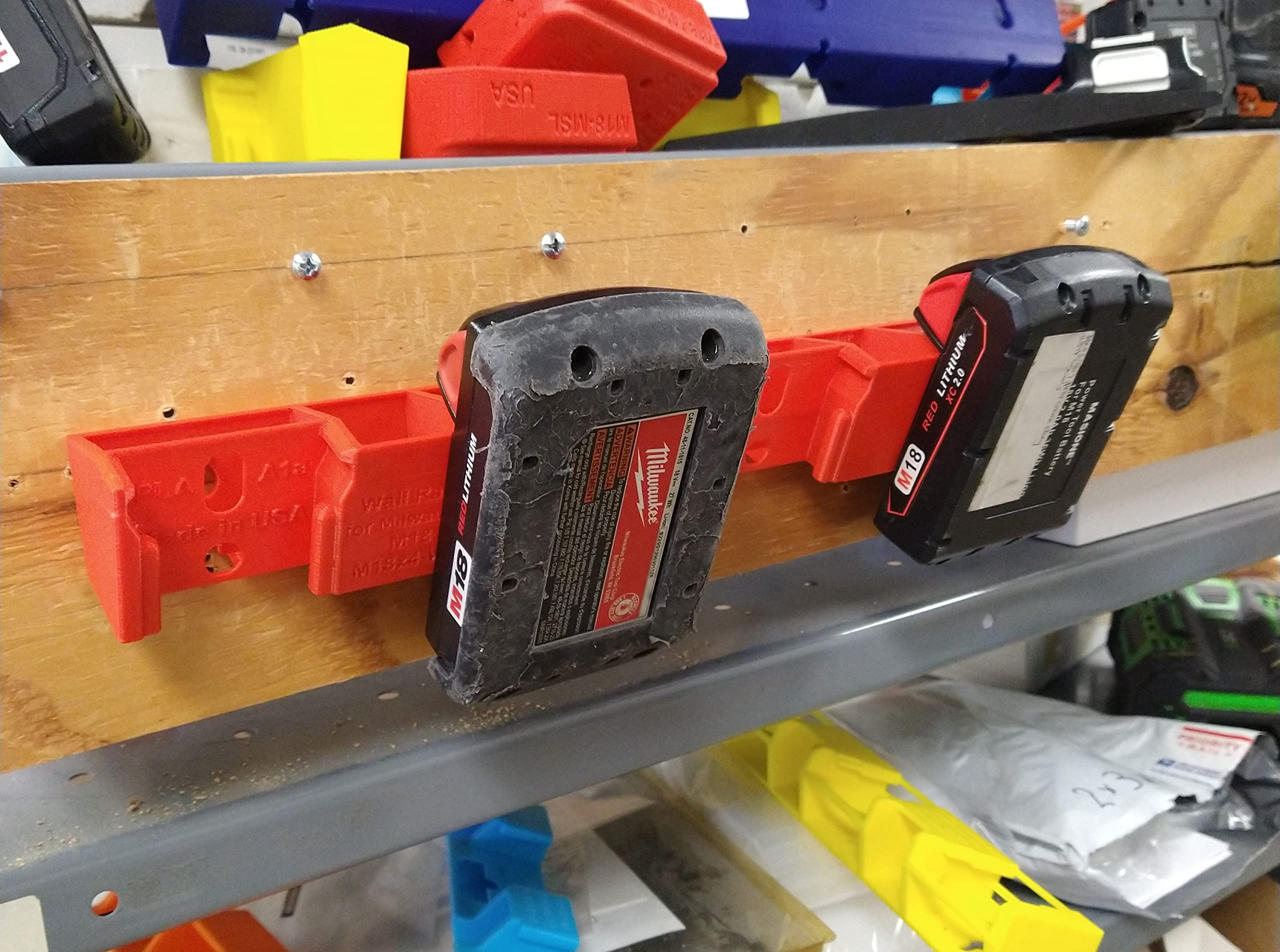 Made by Mitchell 2Pack M18 5 Slot Battery Rack Compatible with Milwaukee Wall Mount Holder Latching Storage Rack M18 Packs, 10 Slots Total. USA PN M18x5-WR-2PK