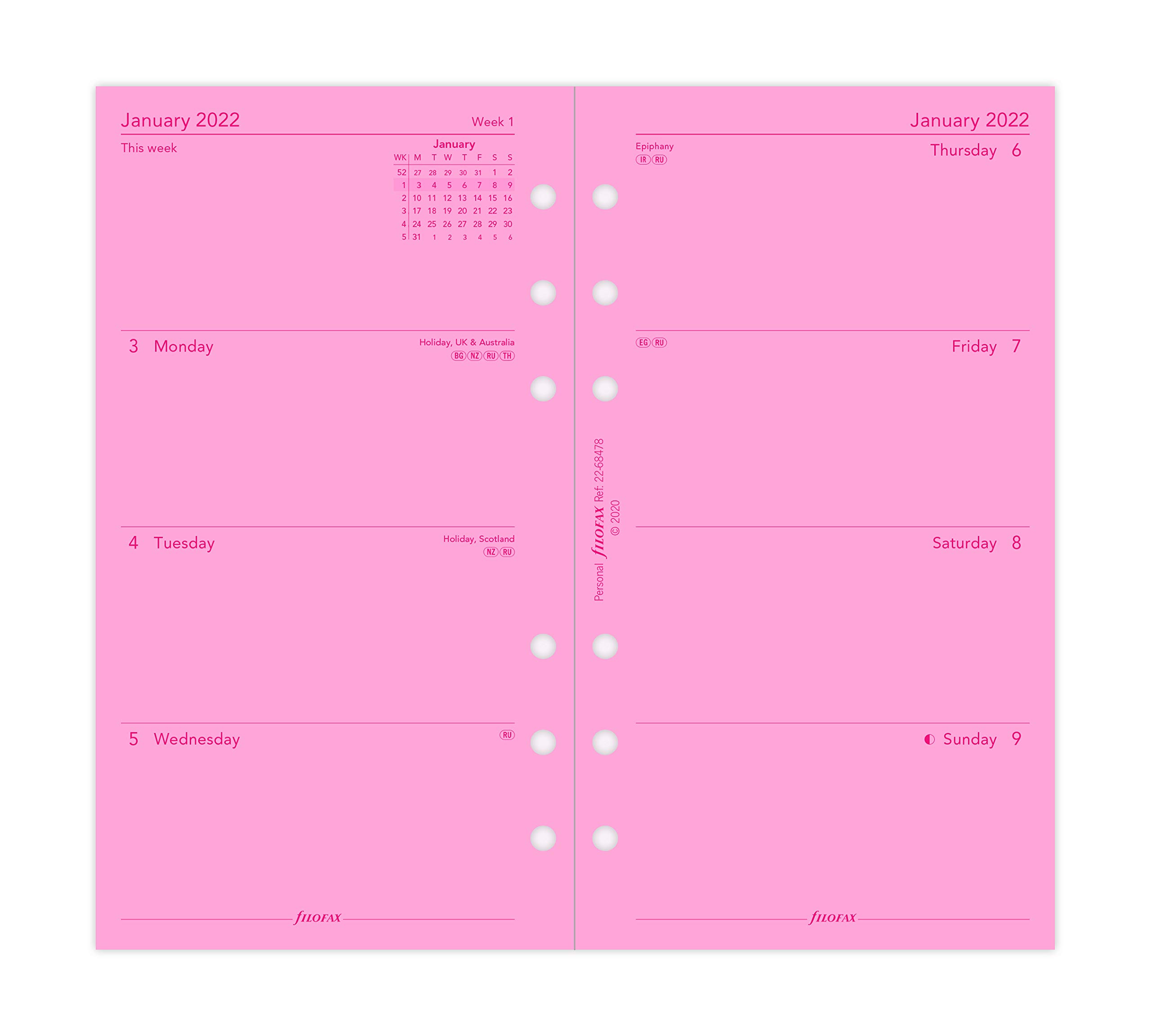 Filofax Personal Week on Two Pages English 2022 Diary - Pink, 22-68478