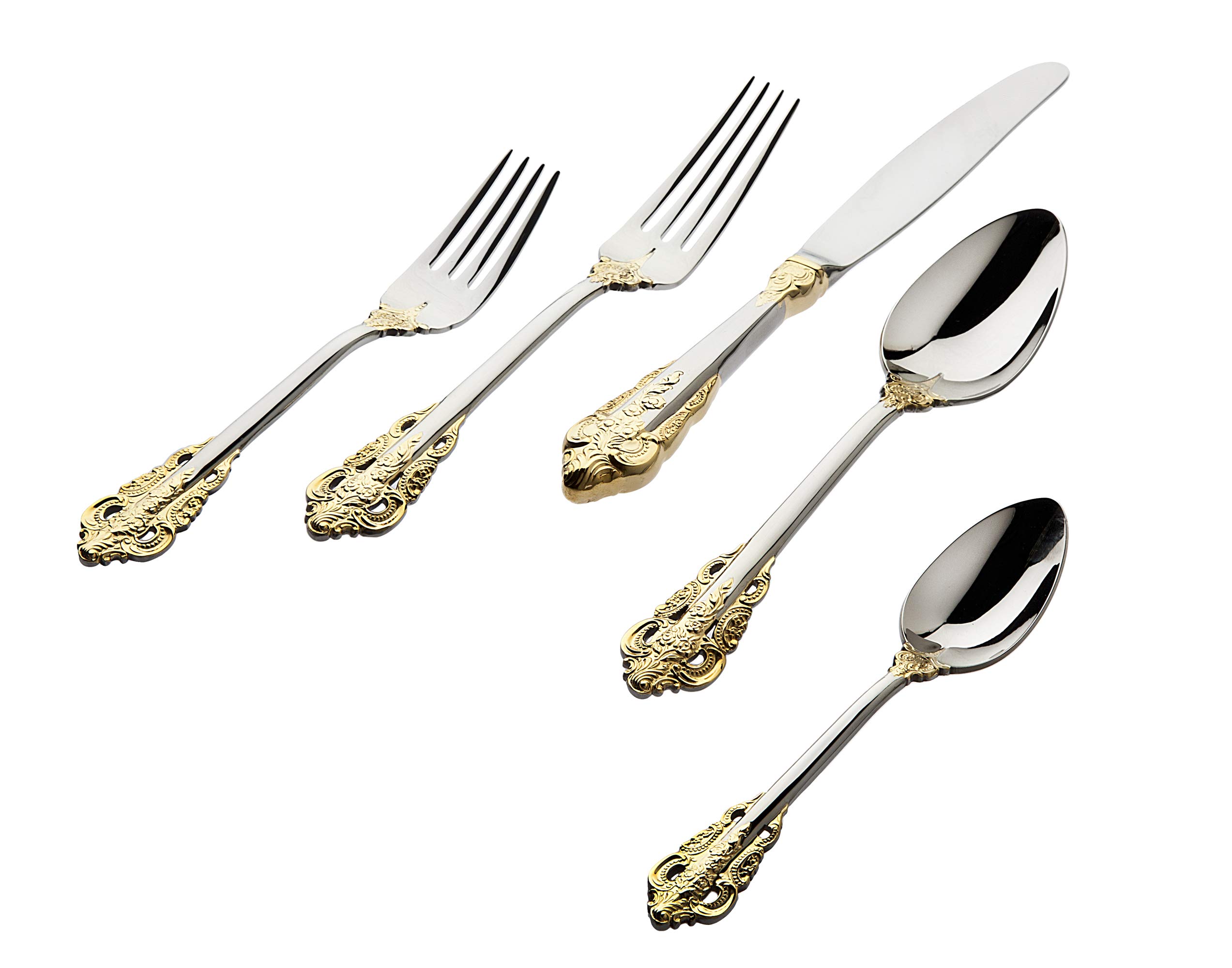 Godinger Flatware Silverware Set 18/10 20th Century Baroque - Silver Gold - 20 Pc
