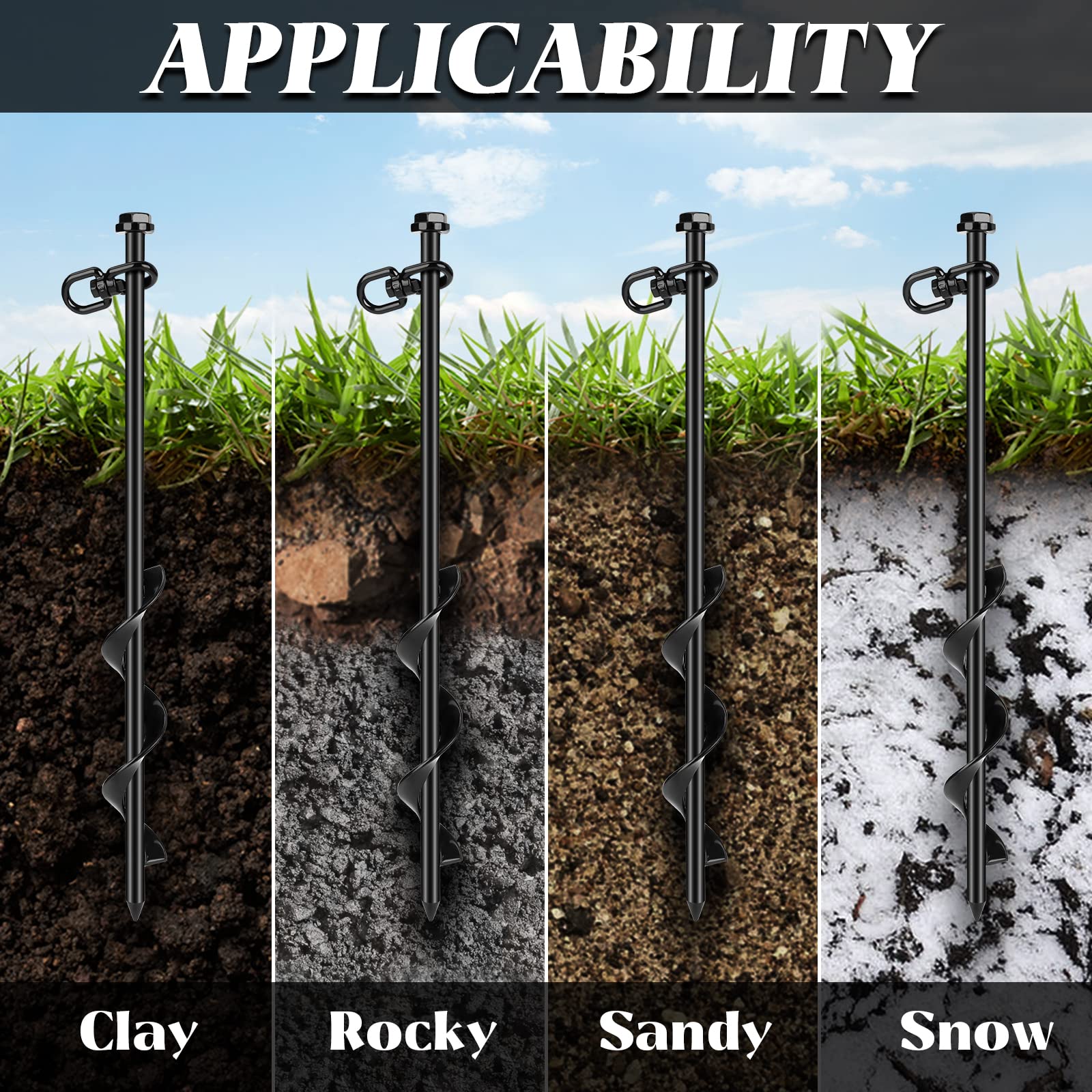 FAURIMMER 6 Pack Ground Anchor Heavy Duty Earth Anchors with T Handle Hex Wrench & Power Nut Driver, Metal Stakes Ground Anchors Screw in for Swing, Trampoline, Tents, Securing Animals