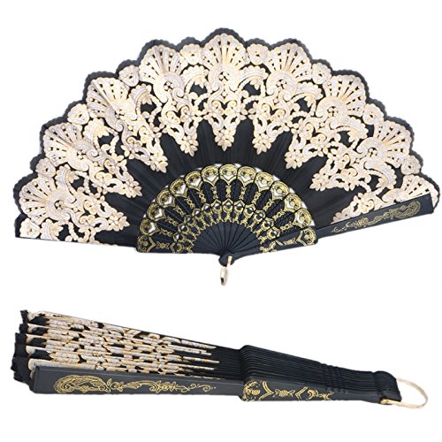 HACIEN Ornaments Black Spanish Style Dance Party Wedding Lace Silk Folding Hand Held Flower Fan Portable Folding Fan