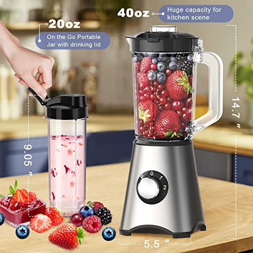 Vermark 1000W Professional Blender - Crush Ice, Puree, & Blend Shakes with 40oz & 20oz Cups, 3-Speed Control, Portable with To-Go Lids, BPA-Free, Easy Clean