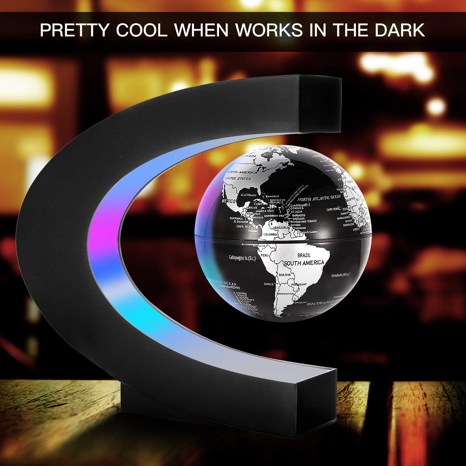 Gresus Magnetic Levitation Floating World Map Globe with C Shape Base, Floating Globe with LED Lights, Great Fathers Students Teacher Business Boyfriend Birthday Gift for Desk Decoration (Black)