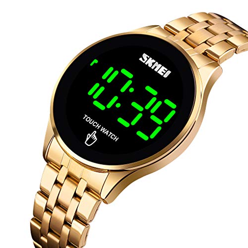 PASOY Touch Screen Digital LED Watch Green Highlight Backlight Stainless Steel WatchBand Waterproof Casual Sport Mens Womens Boys Watch (Gold)