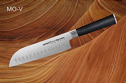 SAMURA MO-V Professional Japanese Kitchen Santoku Knife 7", Hardened to 58-61° HRC, Molybdenum-Vanadium Steel AUS-8 Blade, Ergonomic and Moisture Resistant G-10 Fibreglass Handle