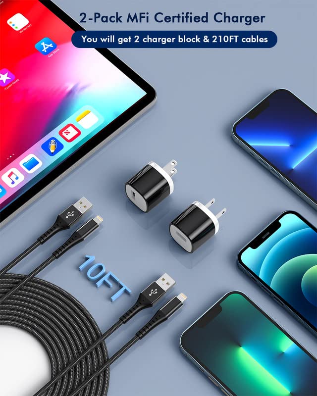iPhone Charger,Long 10ft Apple Charger for iPhone 2Pack[Apple MFi Certified] Braided Fast Charging Lightning Cable Cord USB Wall Charger Block Plug for iPhone 13 12 11 Pro Max XR XS X 8 Plus 7 SE iPad