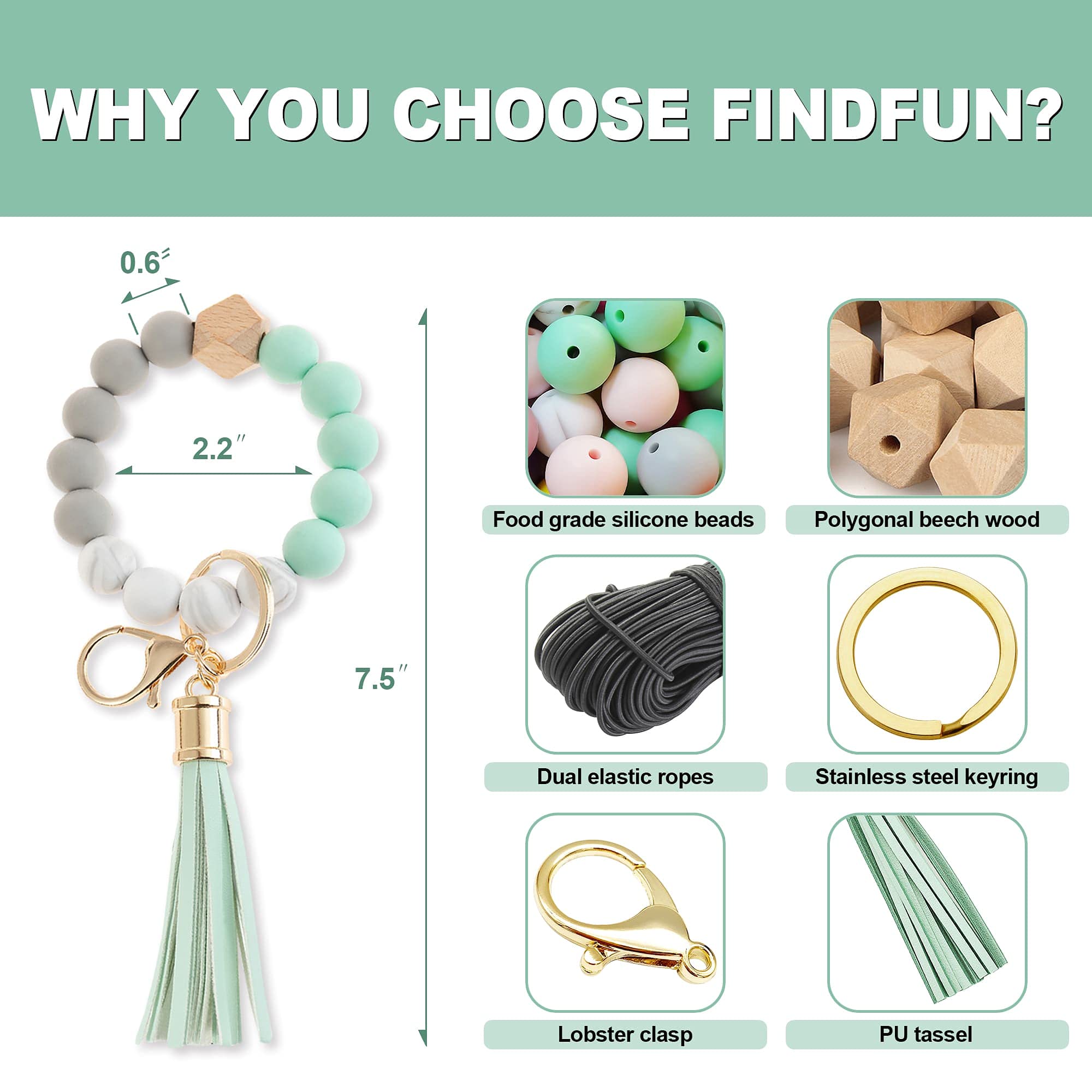 FindFun Women Silicone Beads Key Ring Chain Wristlet Keychain Bracelet Leather Tassel Bangle(Blue)