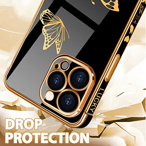 Petitian for iPhone 14 Pro Max Case, Cute Women Girls Gold Designed Butterflies Phone Cases for iPhone 14 Pro Max, Girly Gold Plating Phone Cover for 14 Pro Max with Camera Protector Black